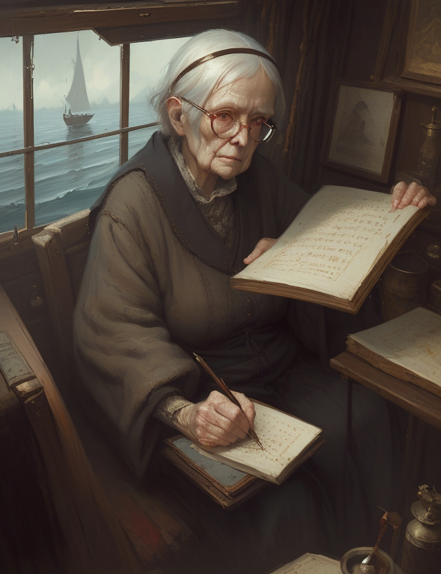 DreamShaper prompt: Authoritarian old woman scribe, small...