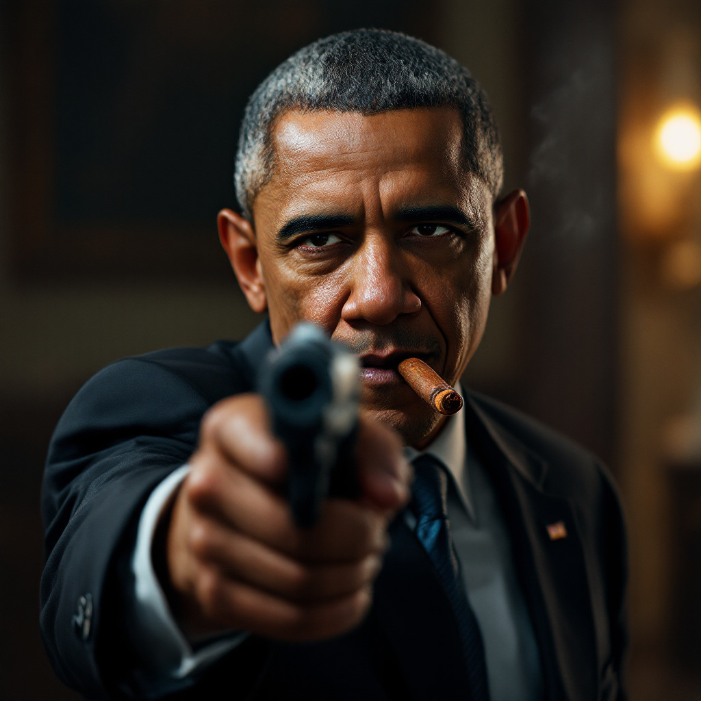 FLUX prompt: Barack Obama pointing a gun at the camera wi...