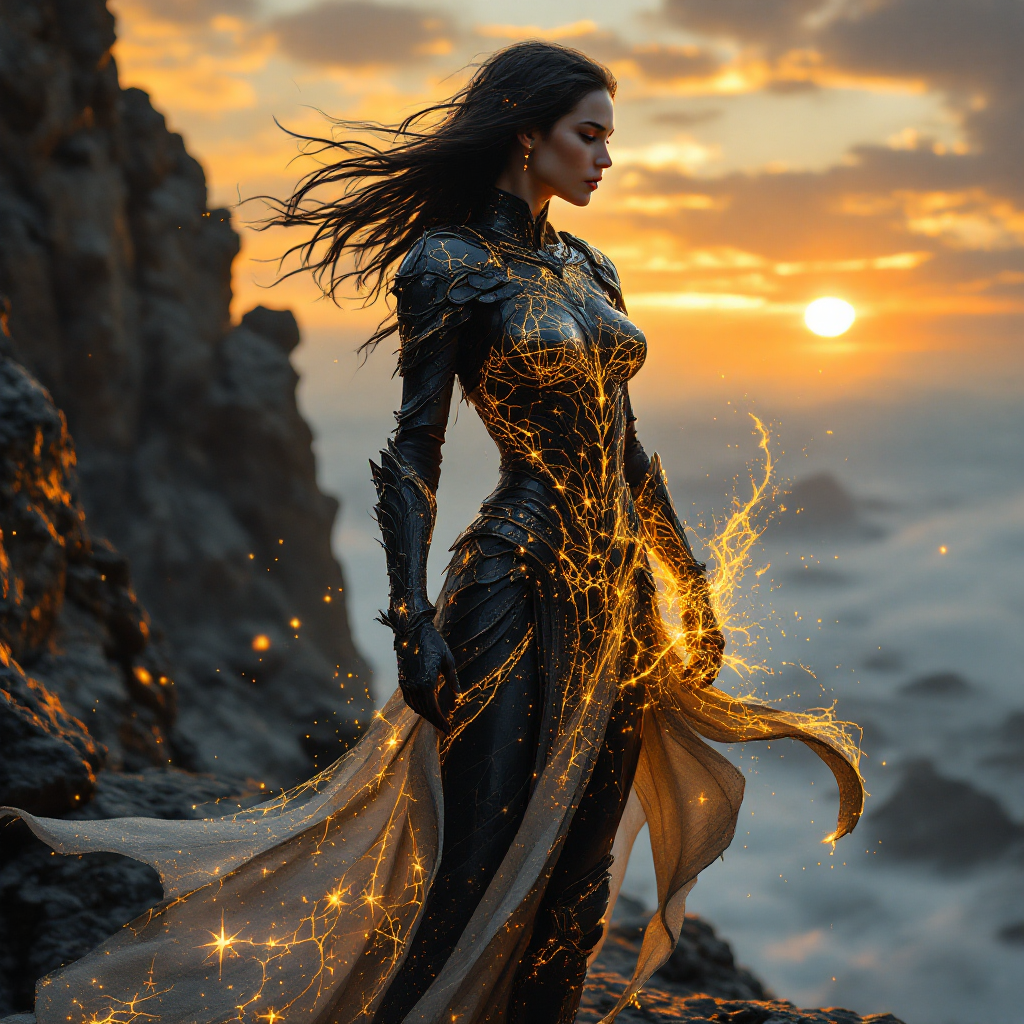 FLUX prompt: Fantasy art of a full-body woman, a warrior-...