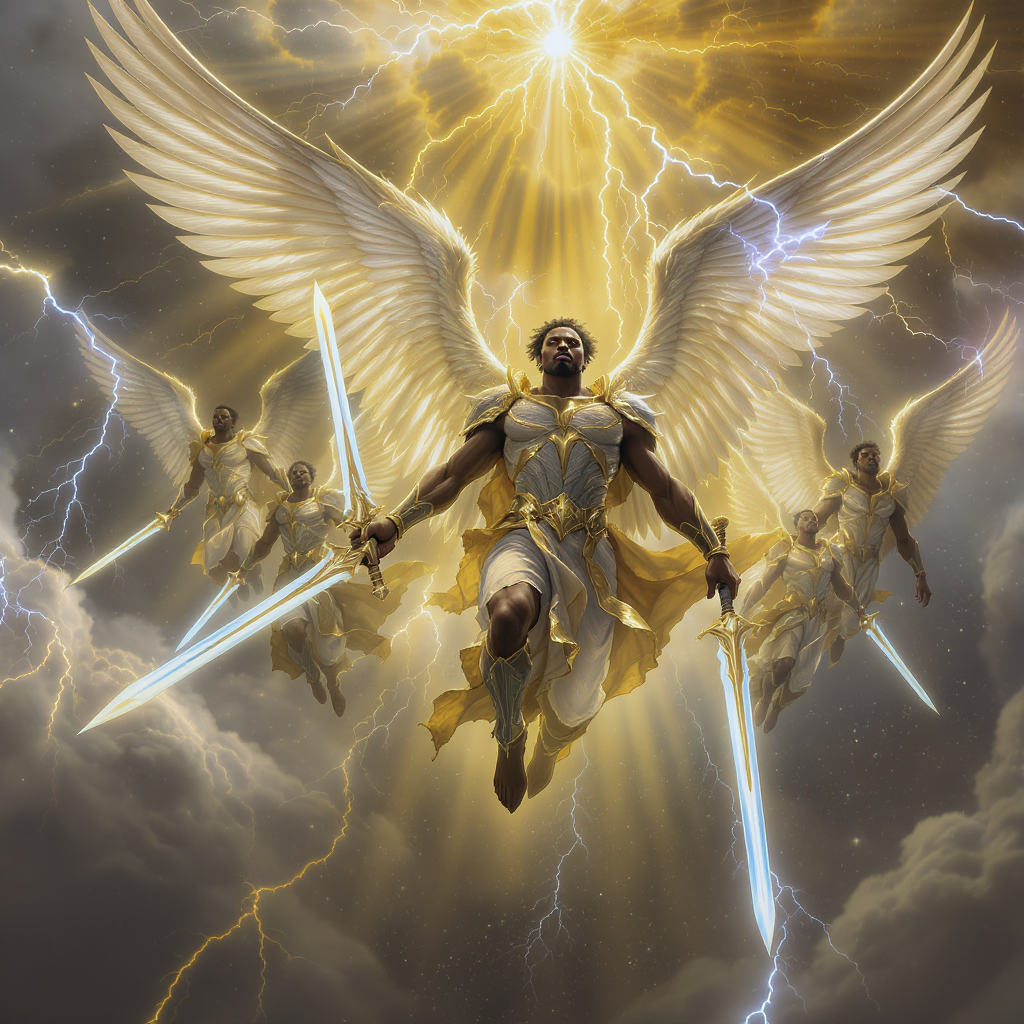 FLUX prompt: 7 powerful Black African angels descending f...