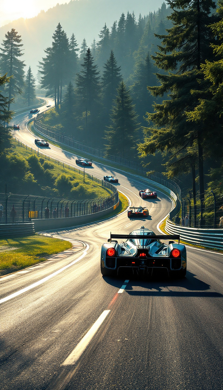 FLUX prompt: Summer. Racing cars race along a race track...