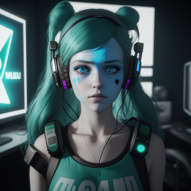 DreamShaper prompt: Young girl with emerald hair, headpho...