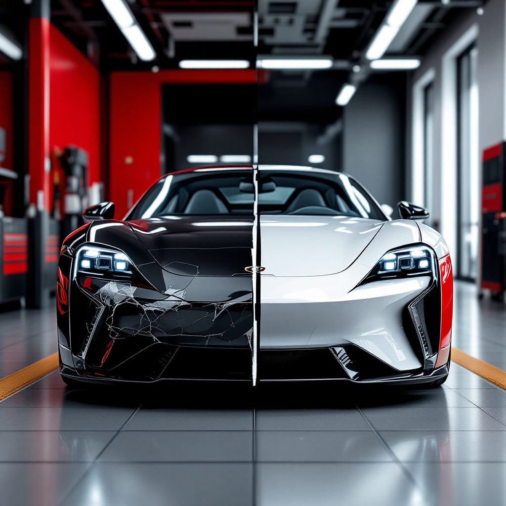 FLUX prompt: A luxury car, front-facing, with a split dow...