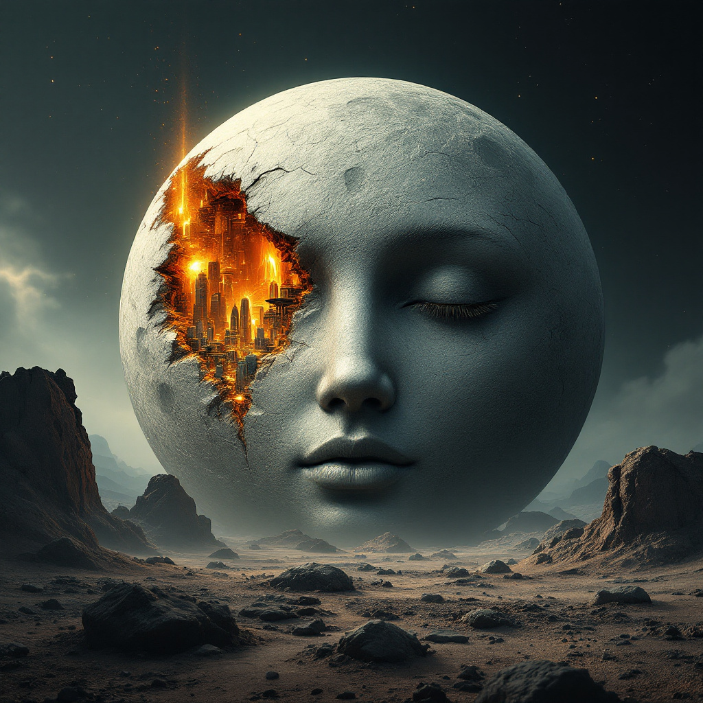 FLUX prompt: a giant serene face sculpted into the moon s...