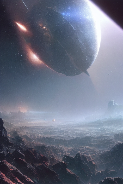 Stable Diffusion prompt: Wide shot of . Asteroid belt. Sc...