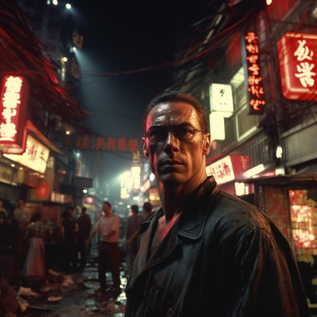 Midjourney prompt: Jean claude van damme in kowloon walle...