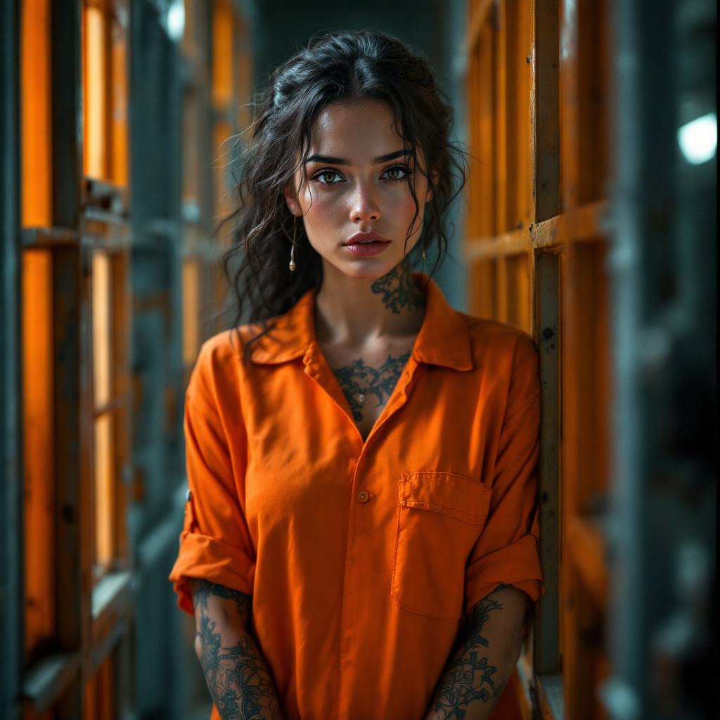 FLUX prompt: female prisoner, prison, orange suit, cell,