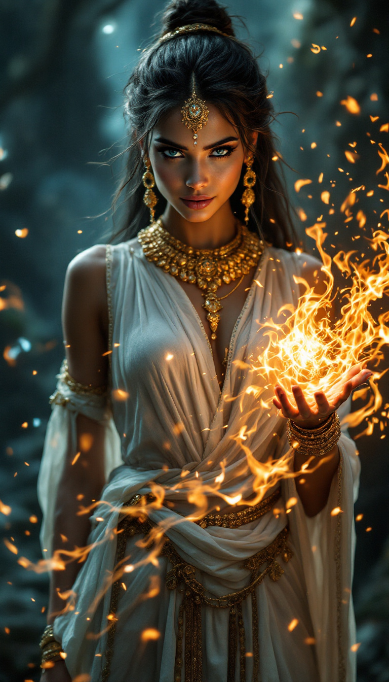 FLUX prompt: A stunning slim Indian female wizard stands ...