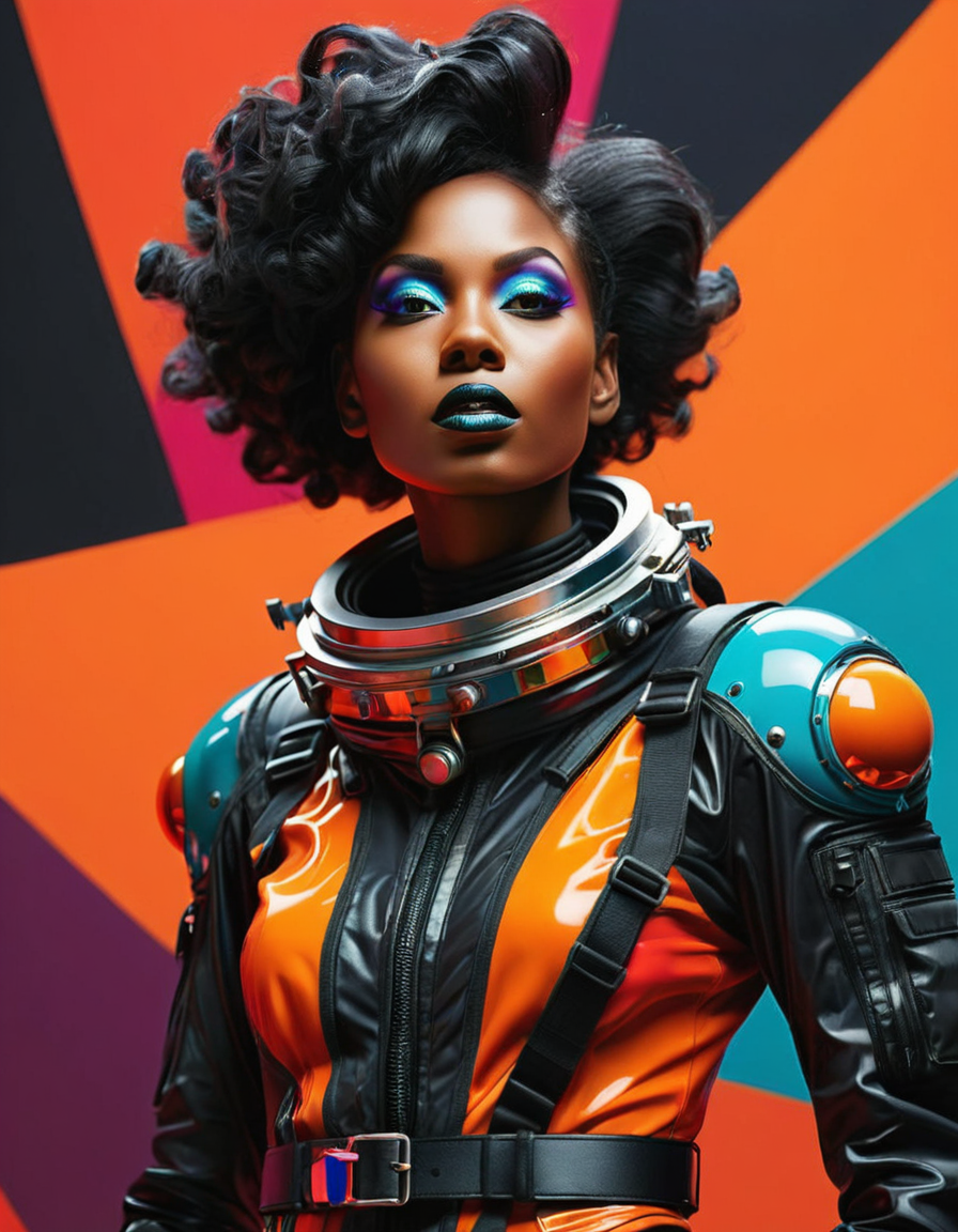 FLUX prompt: avant-garde black spacewoman , vibrant color...