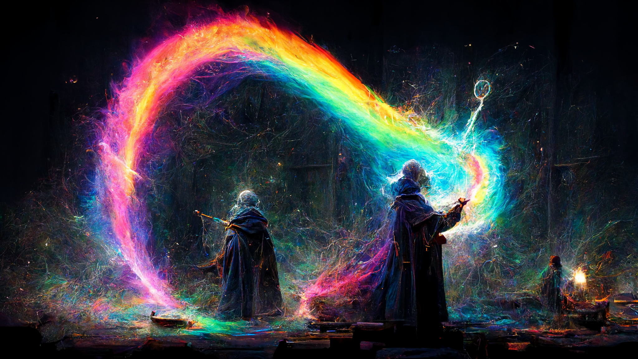 Midjourney prompt: wizard casting spell splitting the uni...