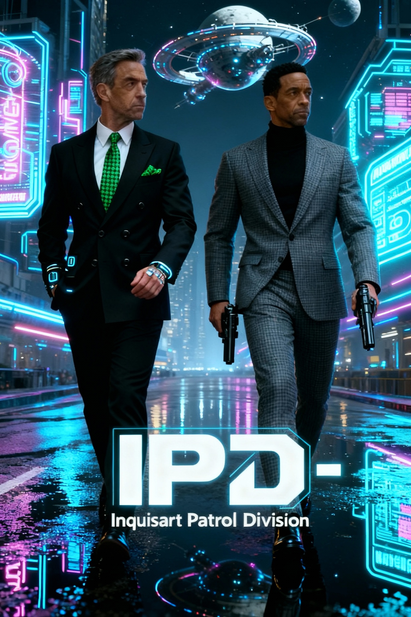 Seedream 4 prompt: Two futuristic detectives in tailored ...