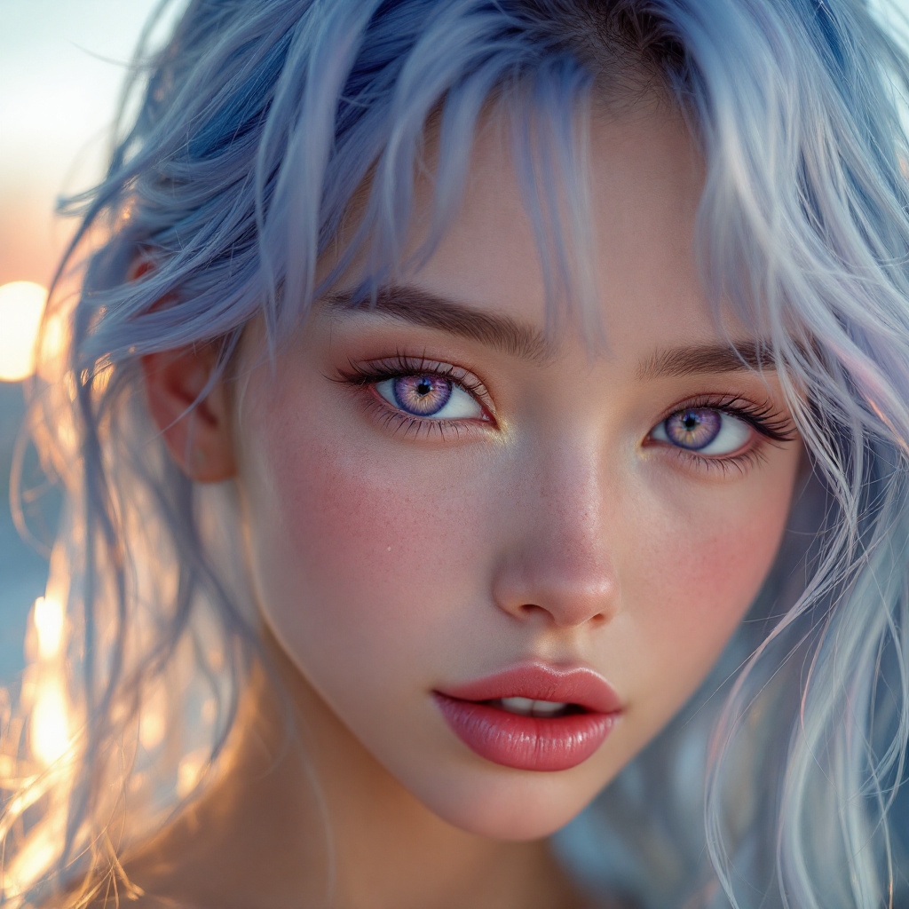 FLUX prompt: Detailed violet eyes, detailed light blue ha...