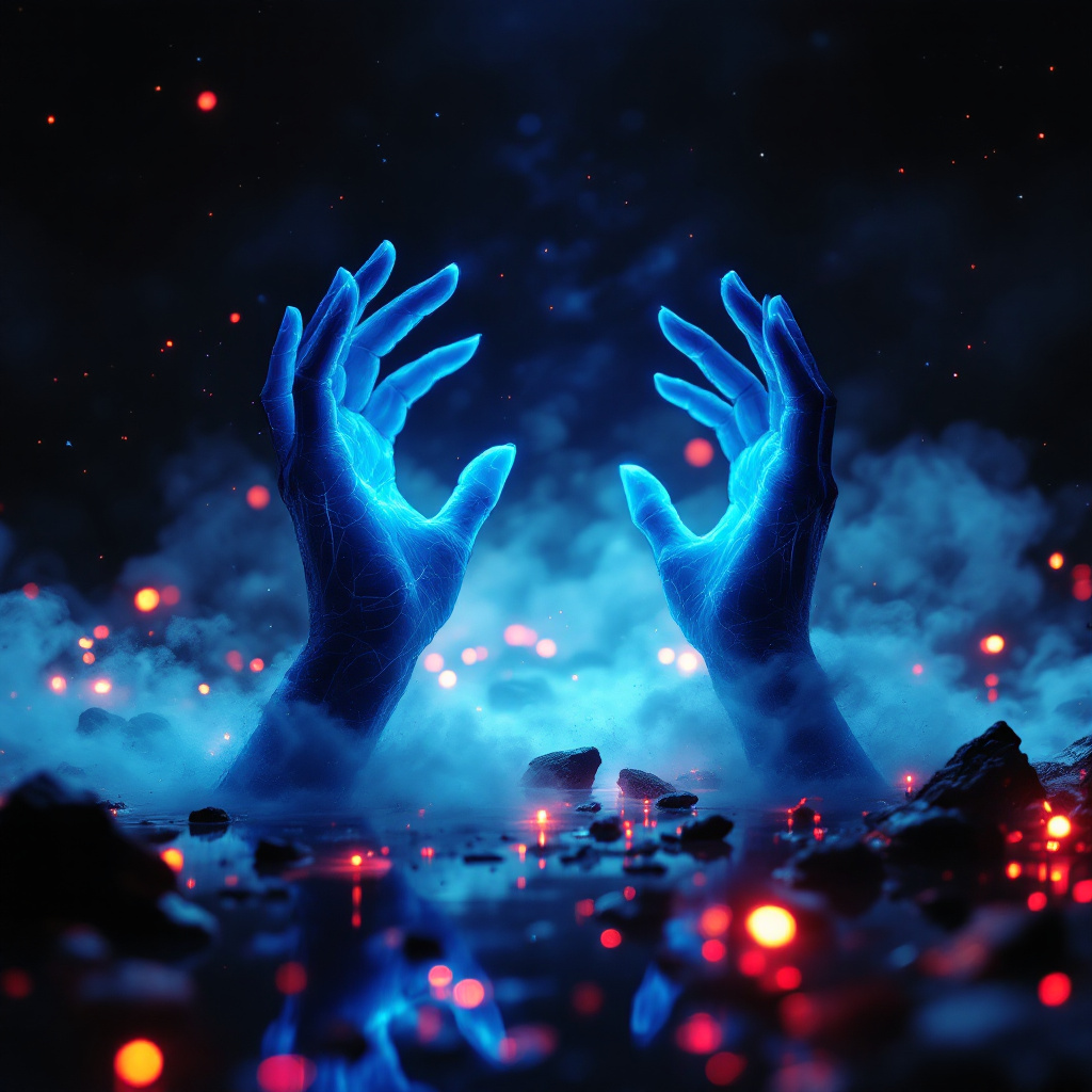 FLUX prompt: Two blue, glowing hands of a beautiful woman...