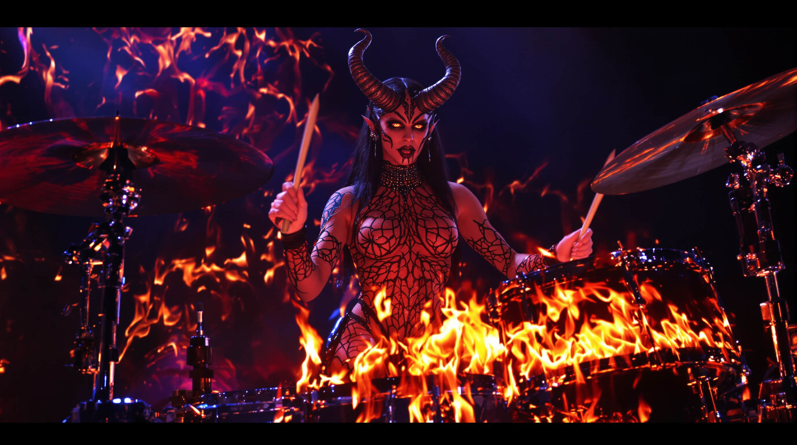 FLUX prompt: Two female demon characters on a dark concer...