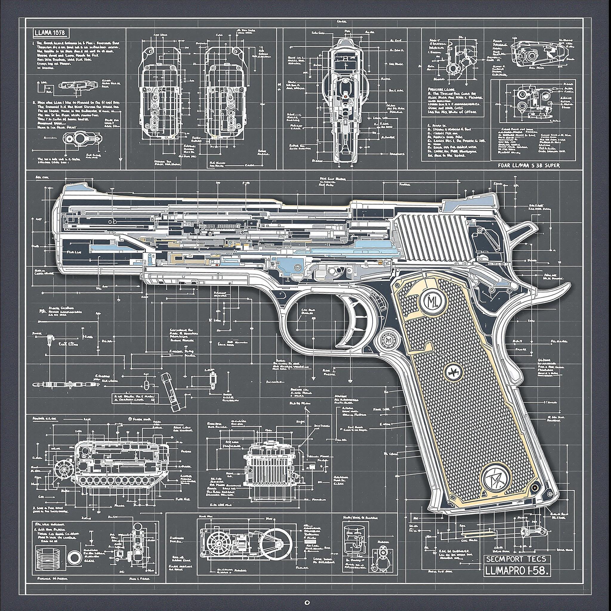 FLUX prompt: a Llama 1911 .38 super, pistol schematic sho...