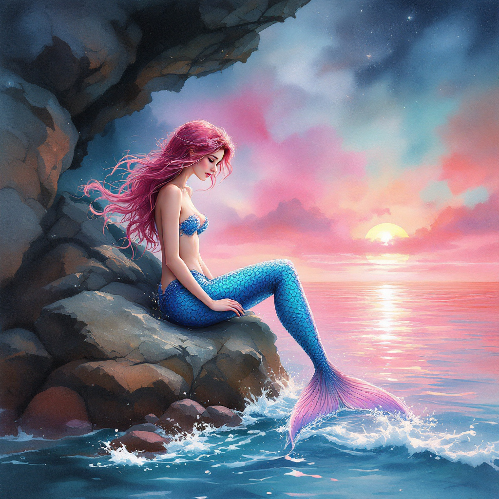 FLUX prompt: a beautiful mermaid sitting on the rocks wit...