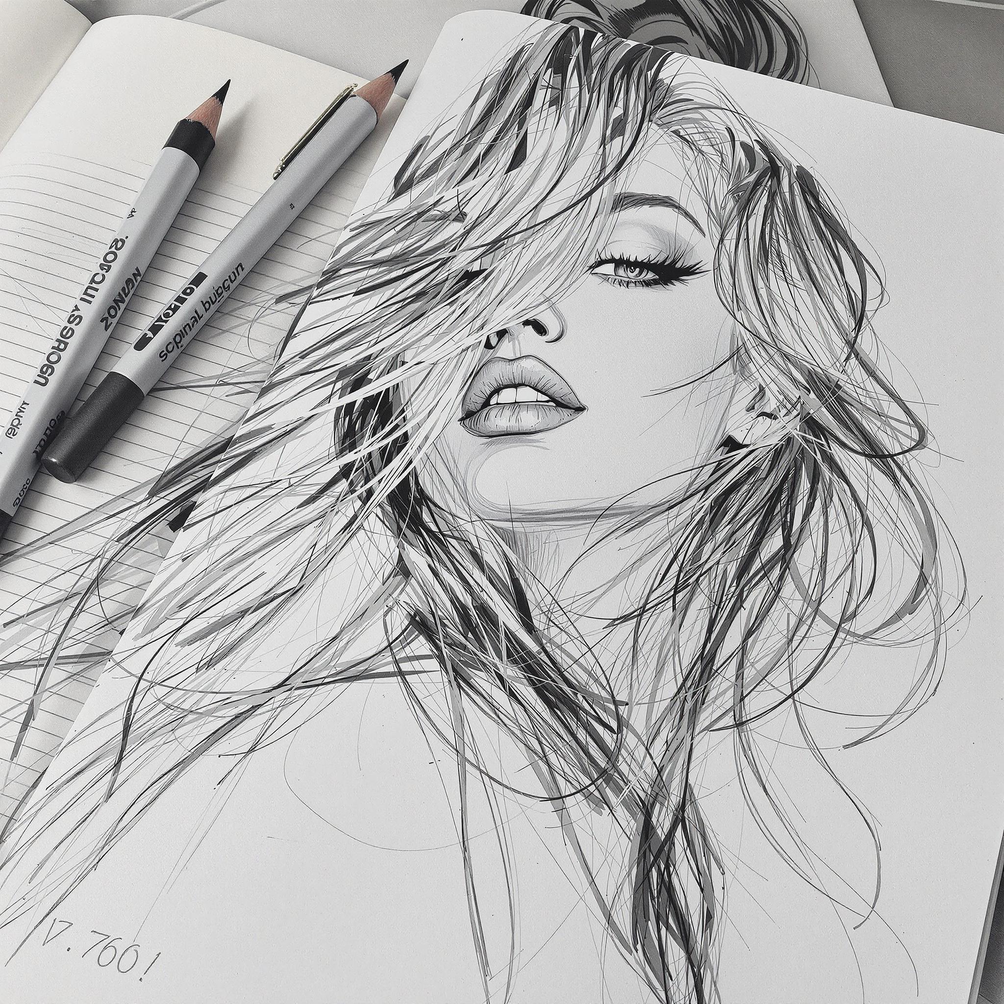 FLUX prompt: pencil sketch, woman with long hair, hyperde...