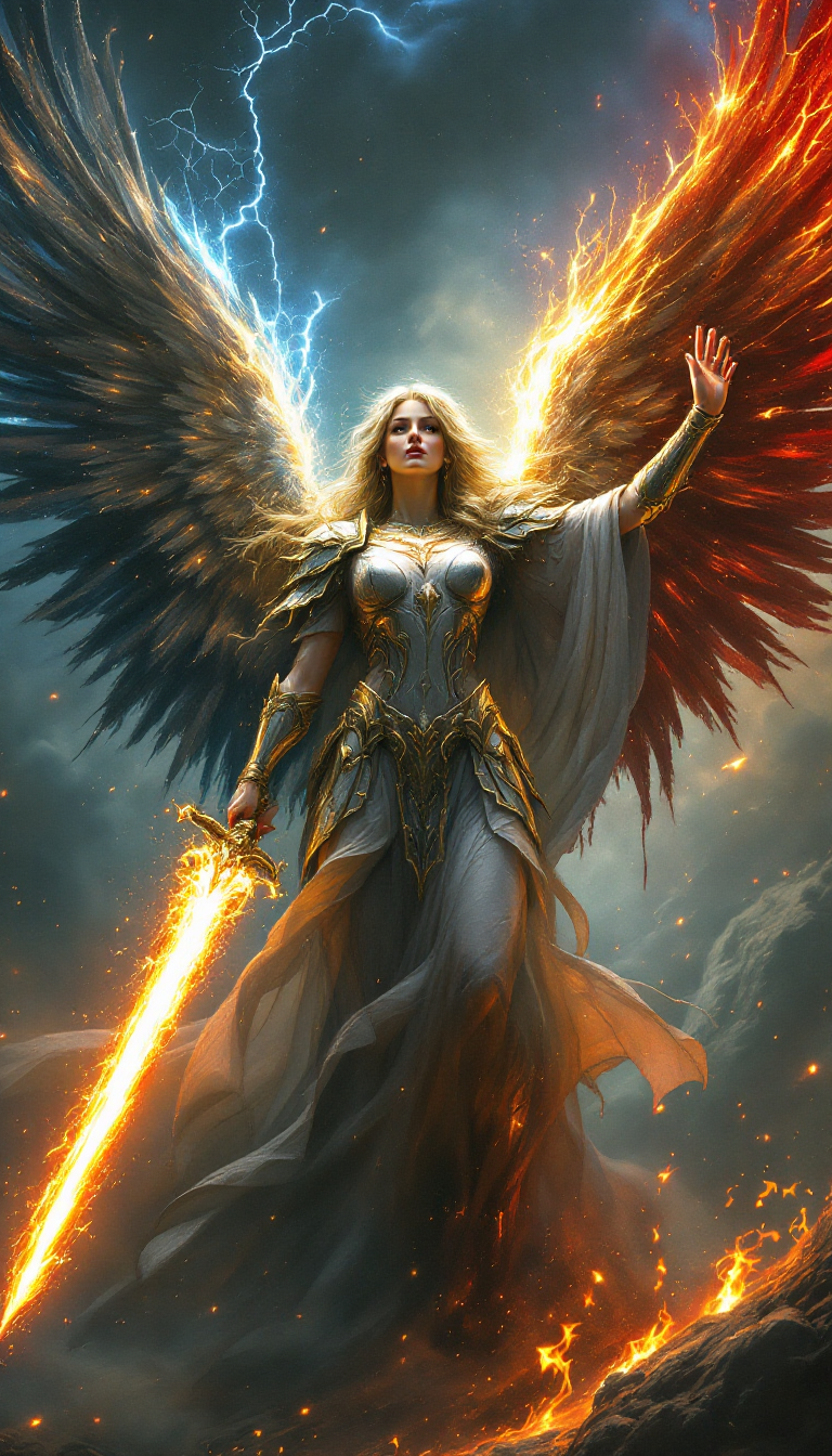 FLUX prompt: An ethereal angel stands in haunting splendo...