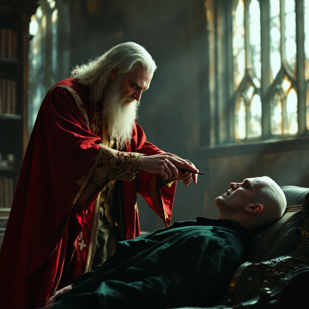 FLUX prompt: Dumbledore standing over a disarmed Voldemor...