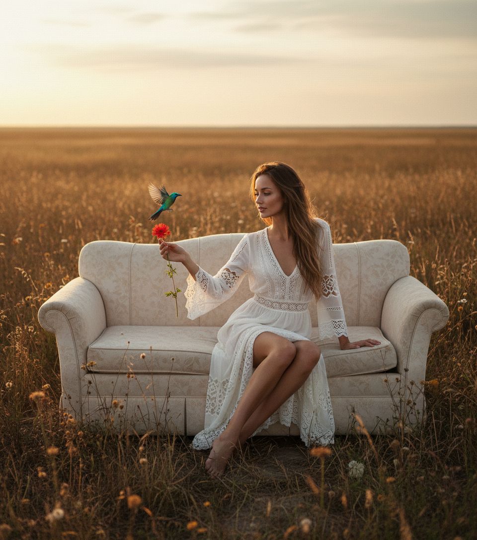 Nano Banana prompt: a woman sitting on top of a couch in ...