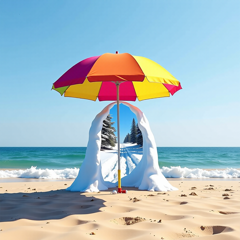 FLUX prompt: A brightly colored sun umbrella stands uprig...