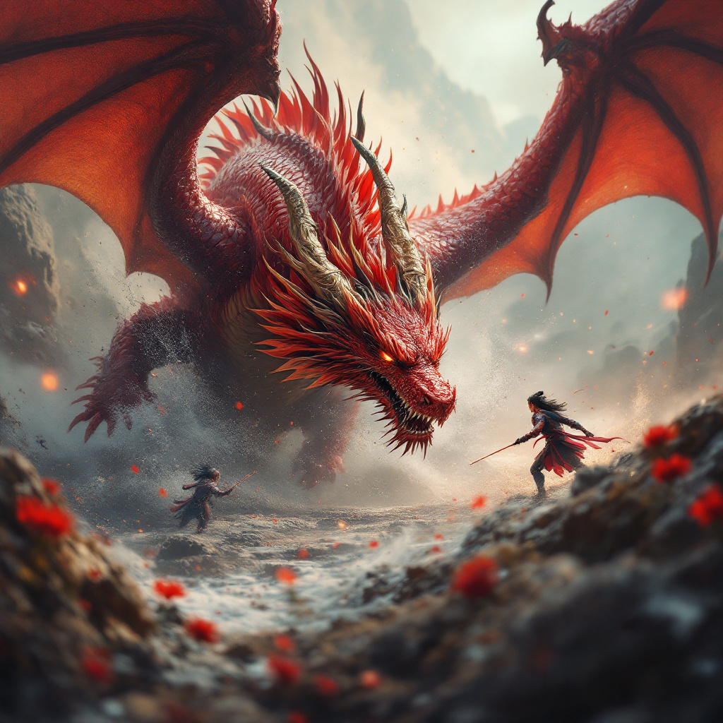 FLUX prompt: Dragon fight scene Quality:(Quality, 4k, Hig...