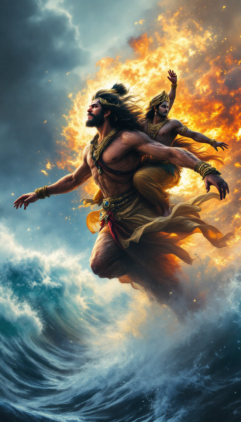 FLUX prompt: Lord Hanuman carrying Lord Rama and Lakshman...