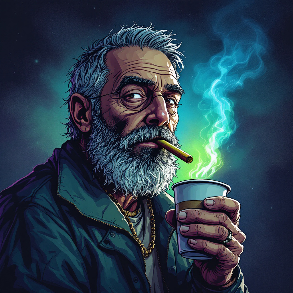 FLUX prompt: Dave blunts holding a cup of lean