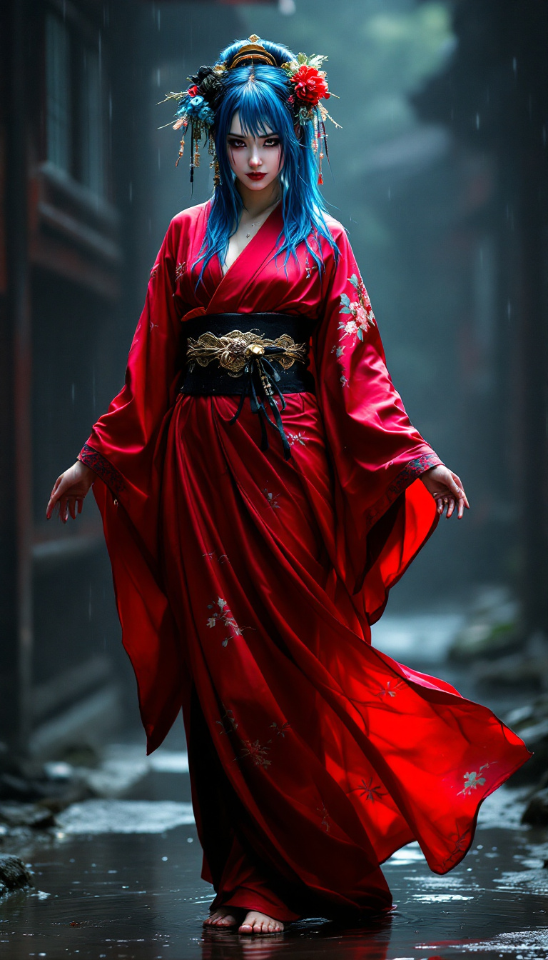 FLUX prompt: Full body view of a beautiful bluehair woman...