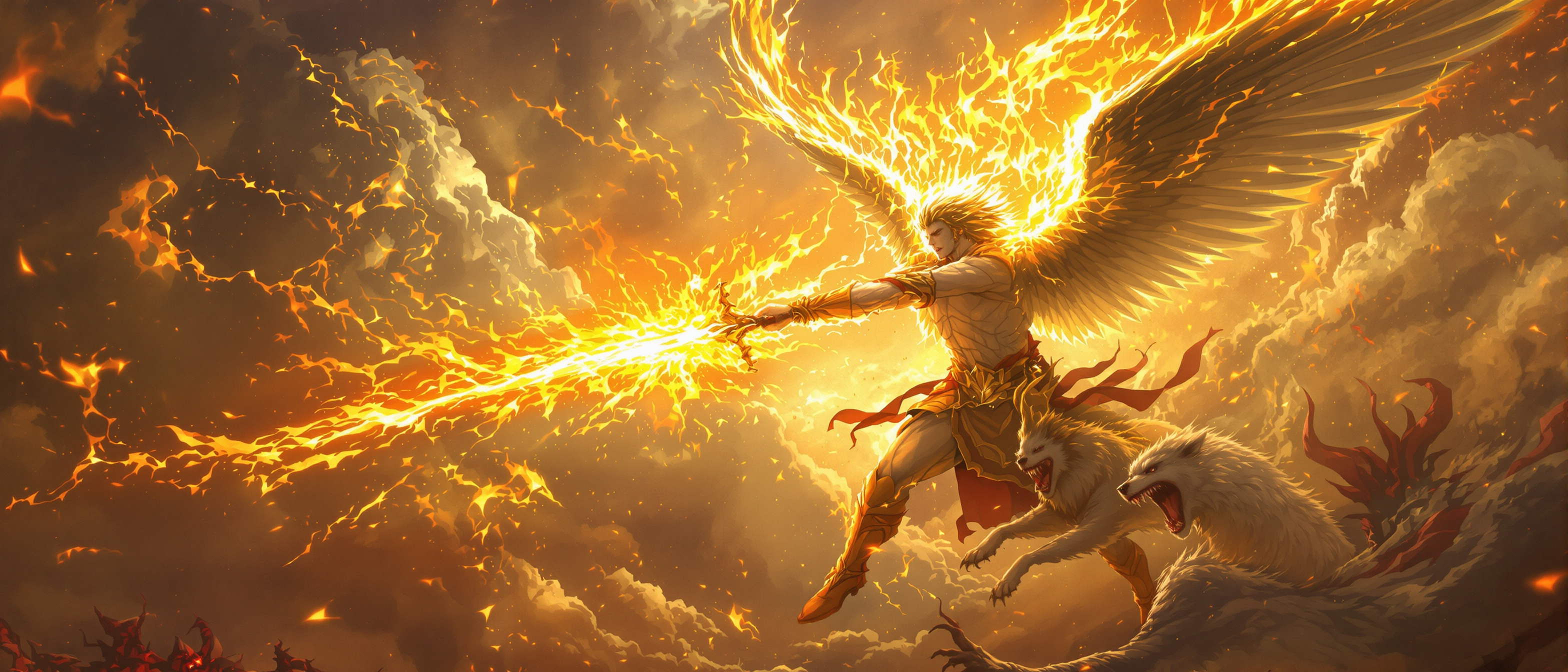 FLUX prompt: An angel spreading his wings, with a fire sw...