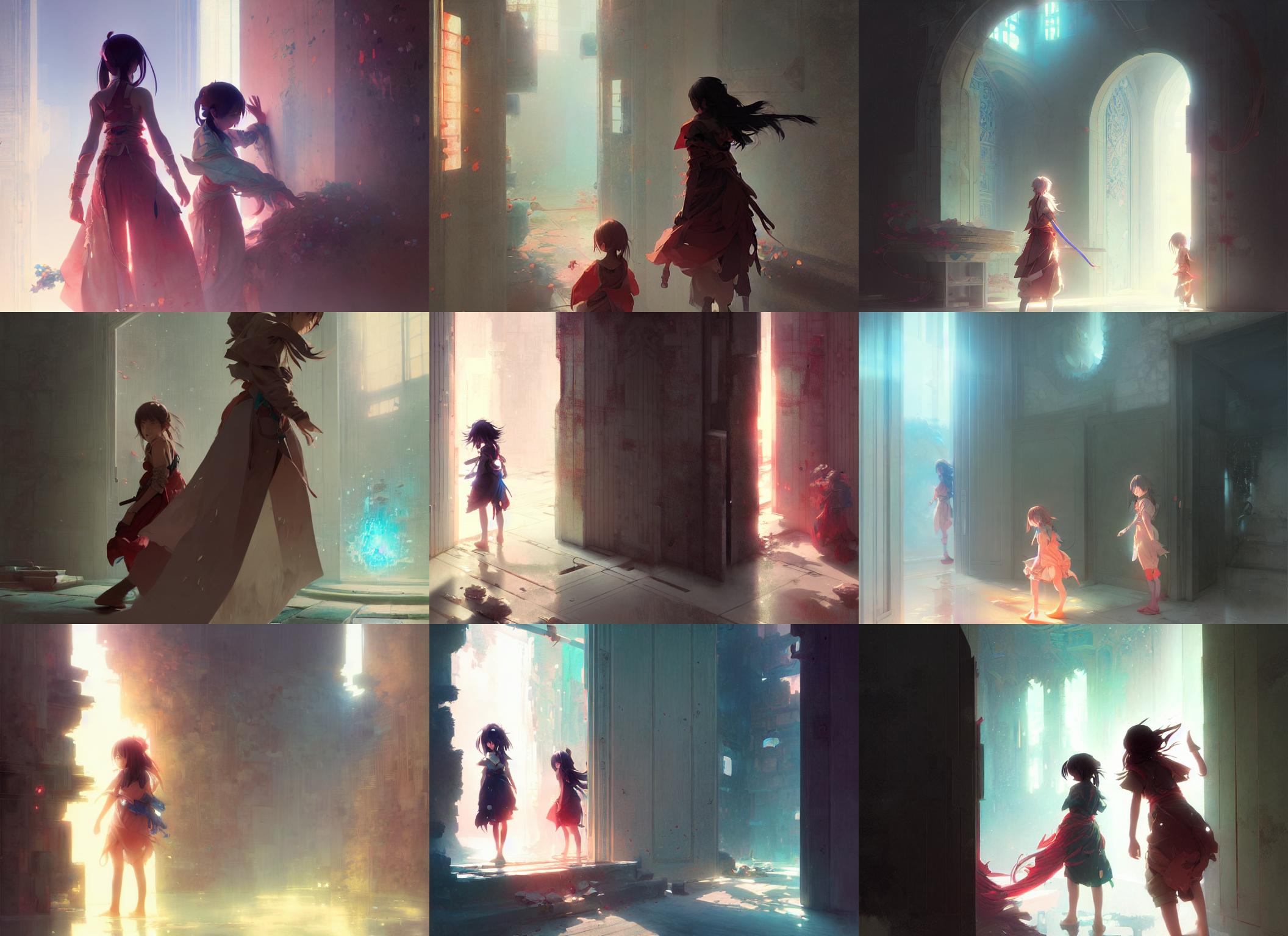 Stable Diffusion prompt: girls opens a door to another wo...