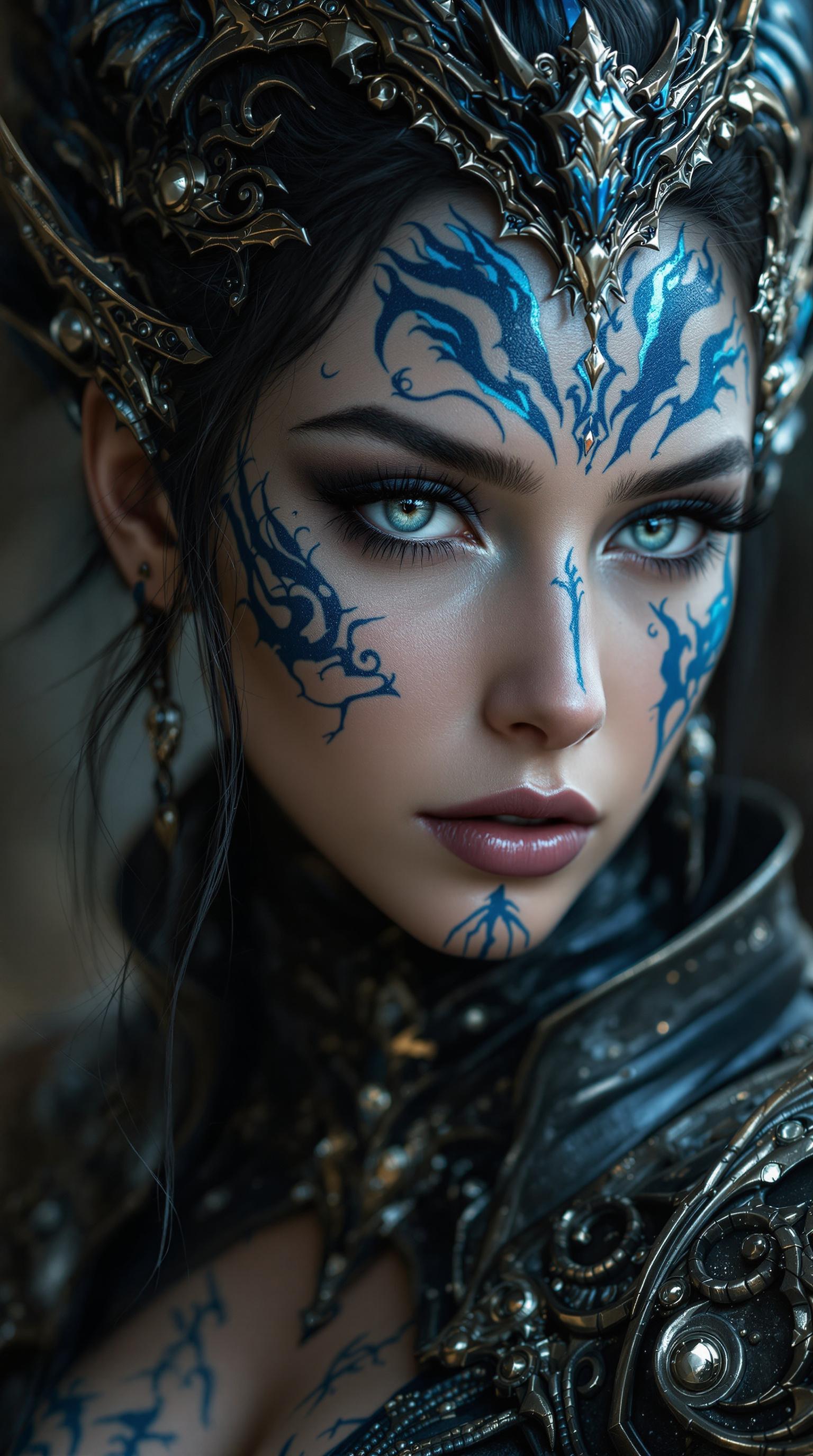 FLUX prompt: fantasy dragon queen, shiny blue tattoos in ...