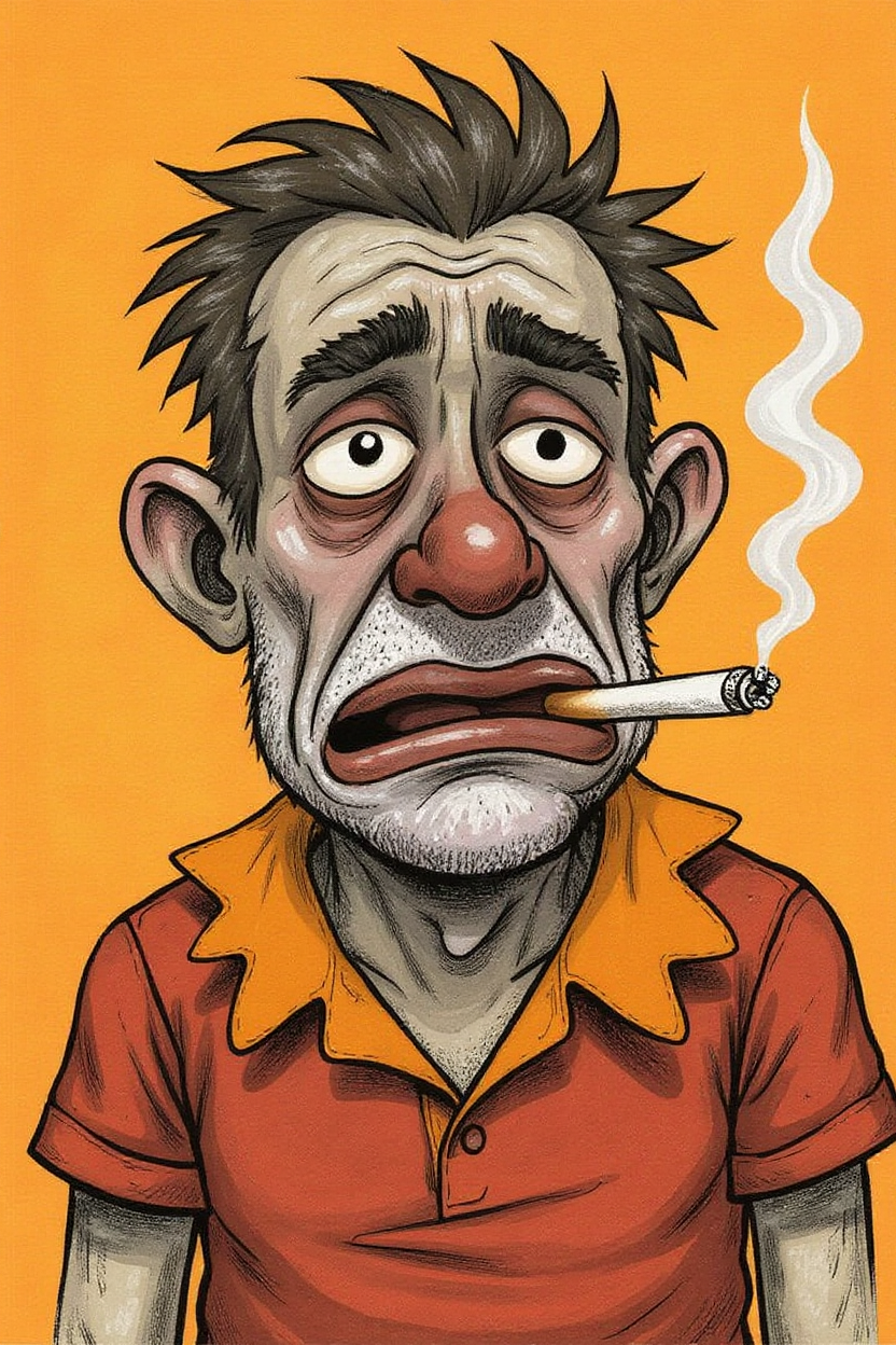 FLUX prompt: funny caricature, disheveled clown character...