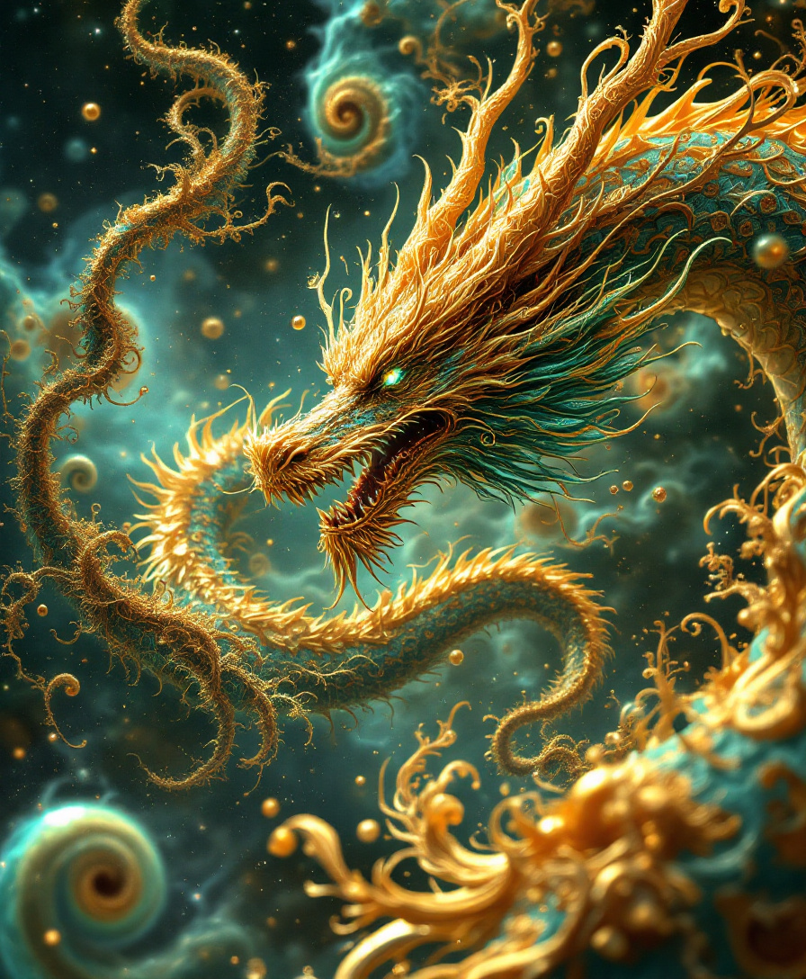FLUX prompt: An ancient dragon manifested in a Quantum Fr...