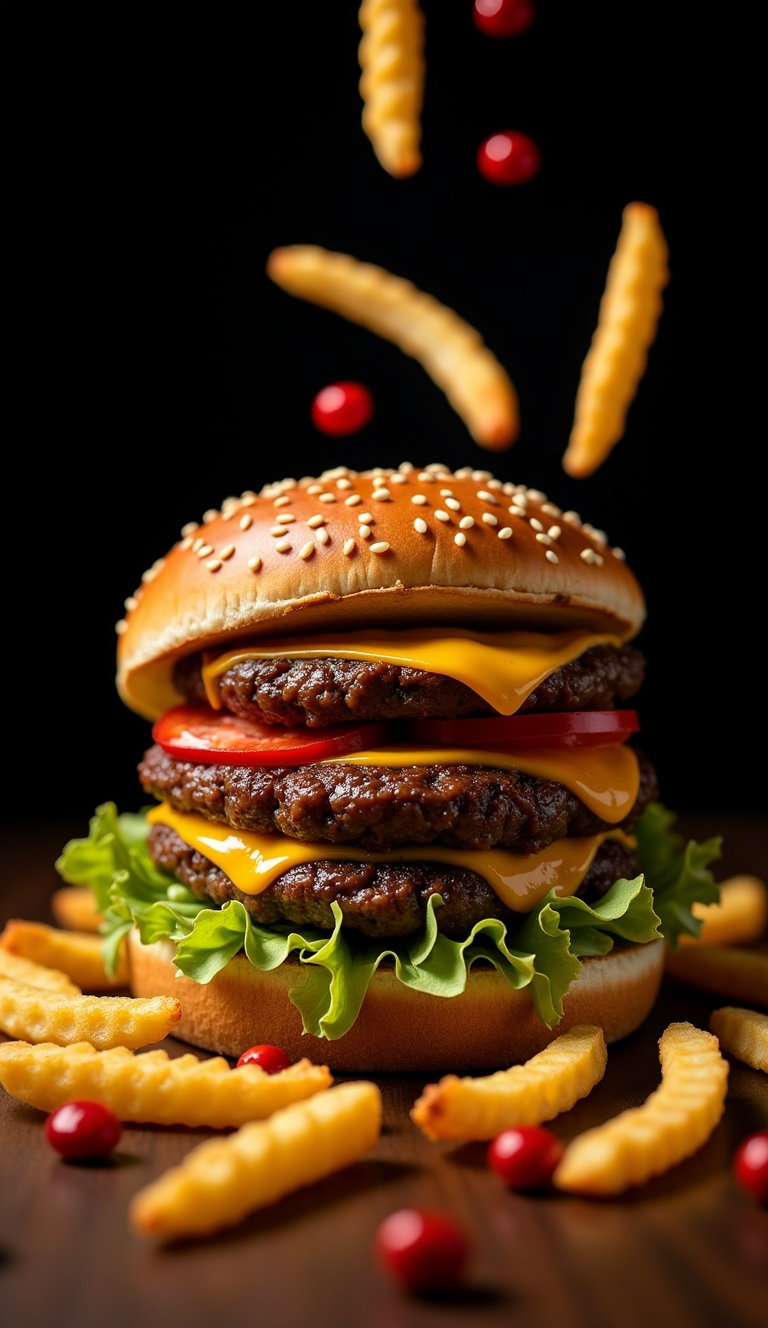 FLUX prompt: A close-up of a gourmet burger with a juicy ...