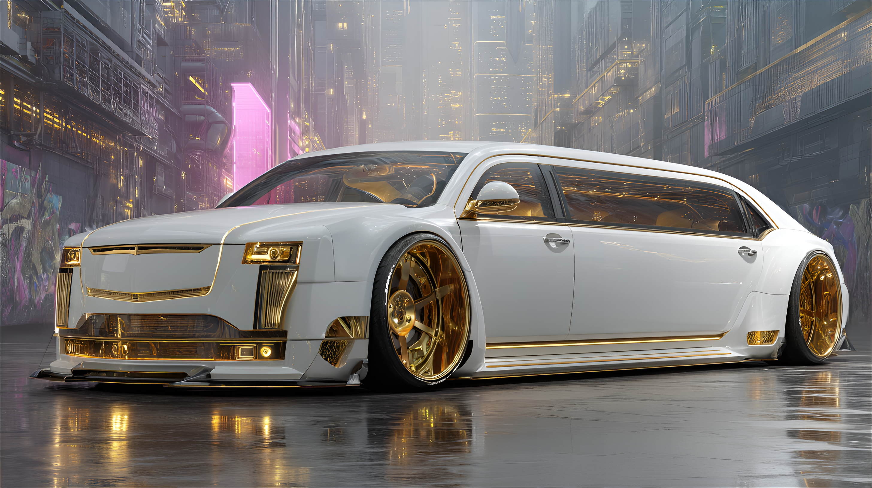 Midjourney prompt: A custom white limousine, heavily modi...