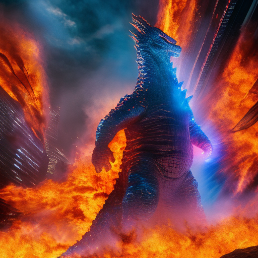 Openjourney prompt: Godzilla transforms into Mega Godzill...