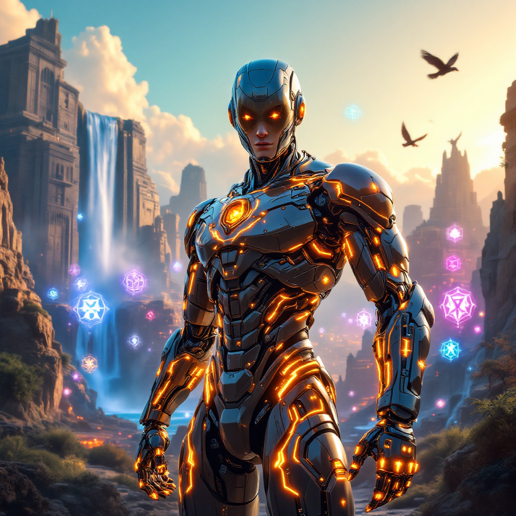 FLUX prompt: "A cybernetically enhanced robot stands defi...