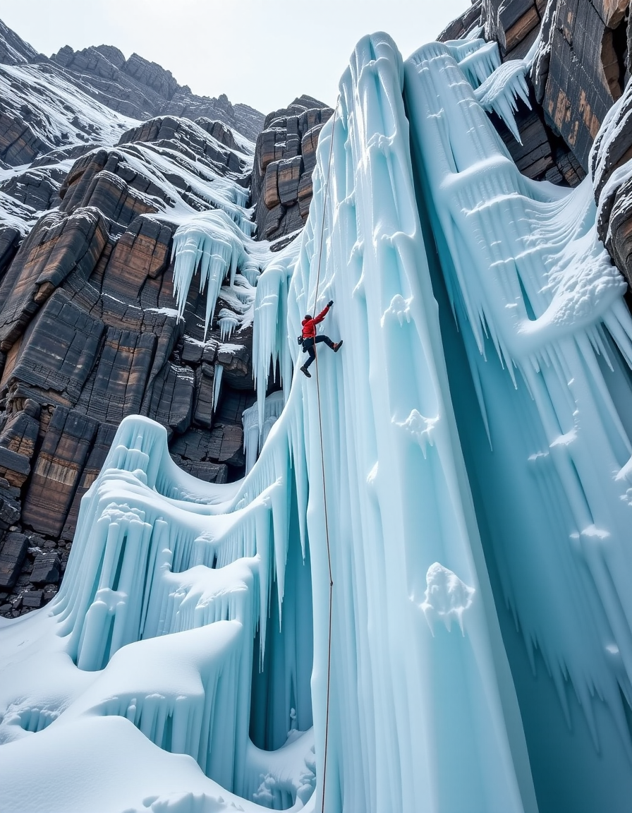 FLUX prompt: "Man ice climbing a frozen waterfall, determ...