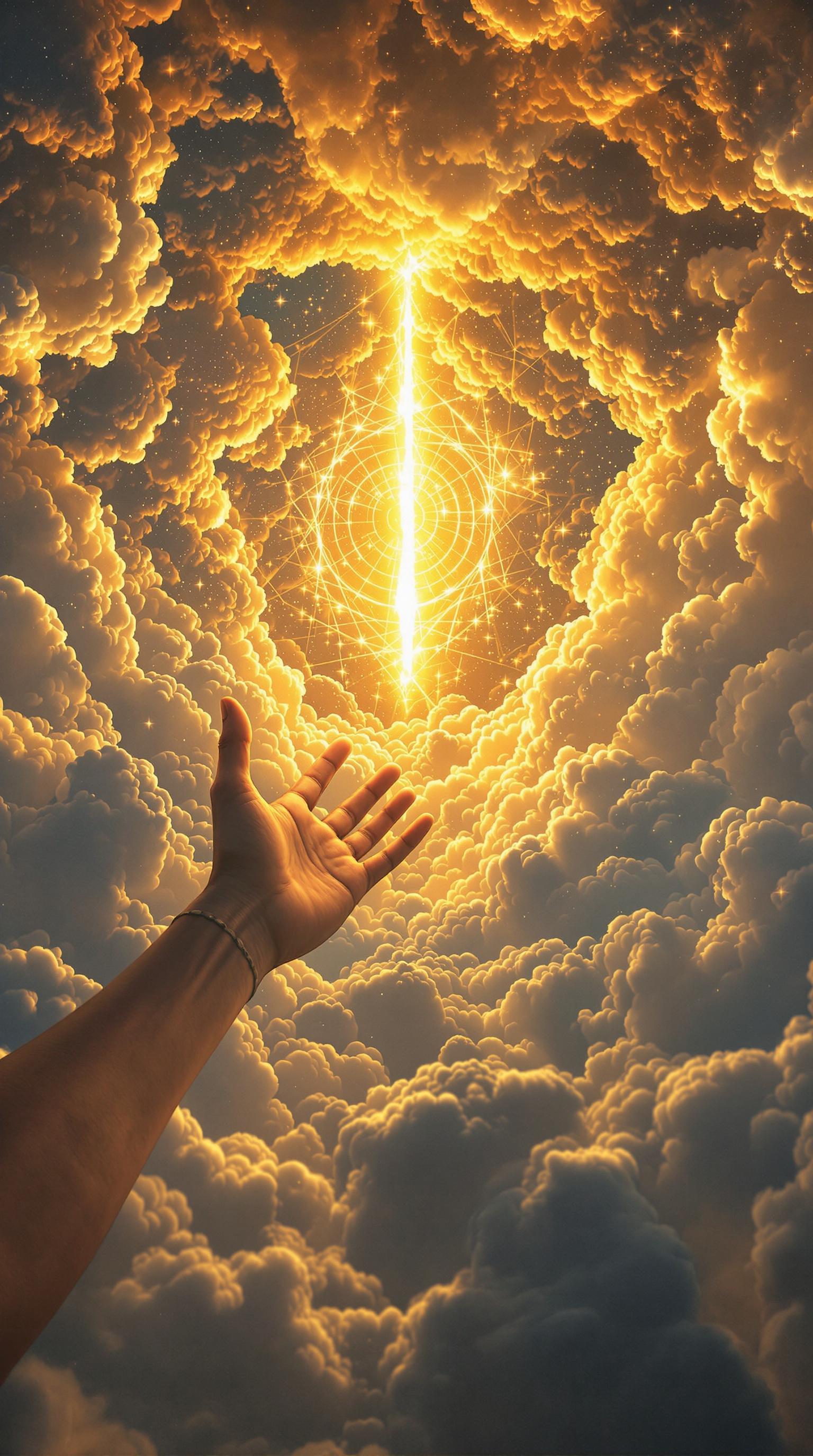 FLUX prompt: first person POV, hands reach into a glowing...