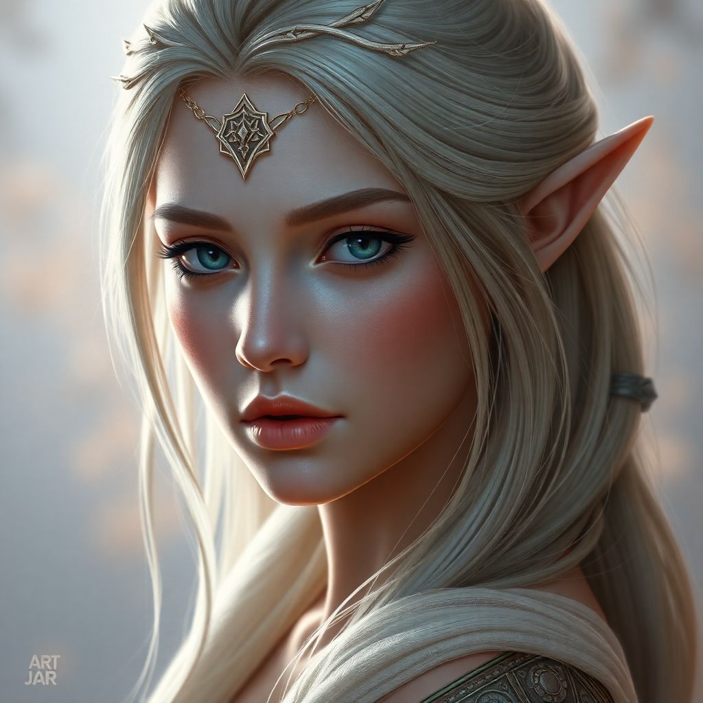 FLUX prompt: mdjrny-v4 style portrait of female elf, intr...