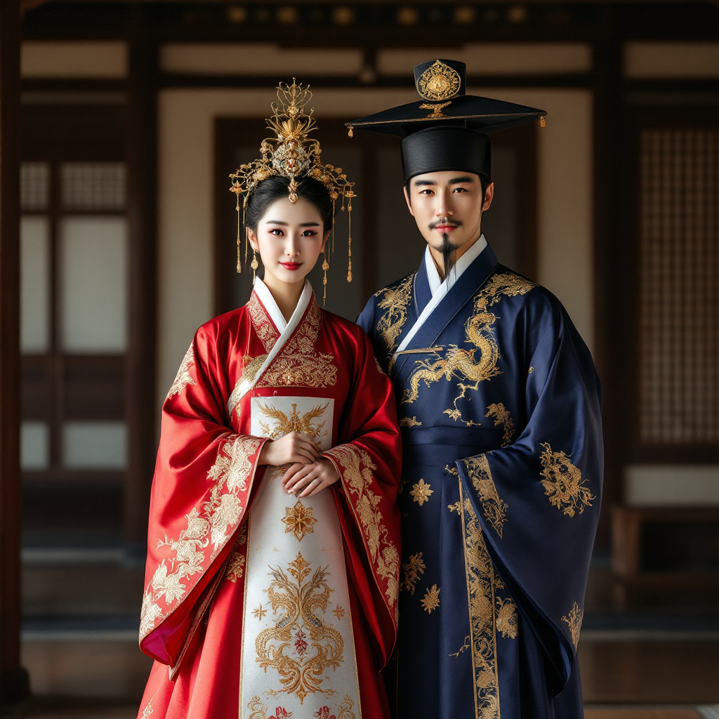FLUX prompt: A traditional Korean royal couple in full ce...