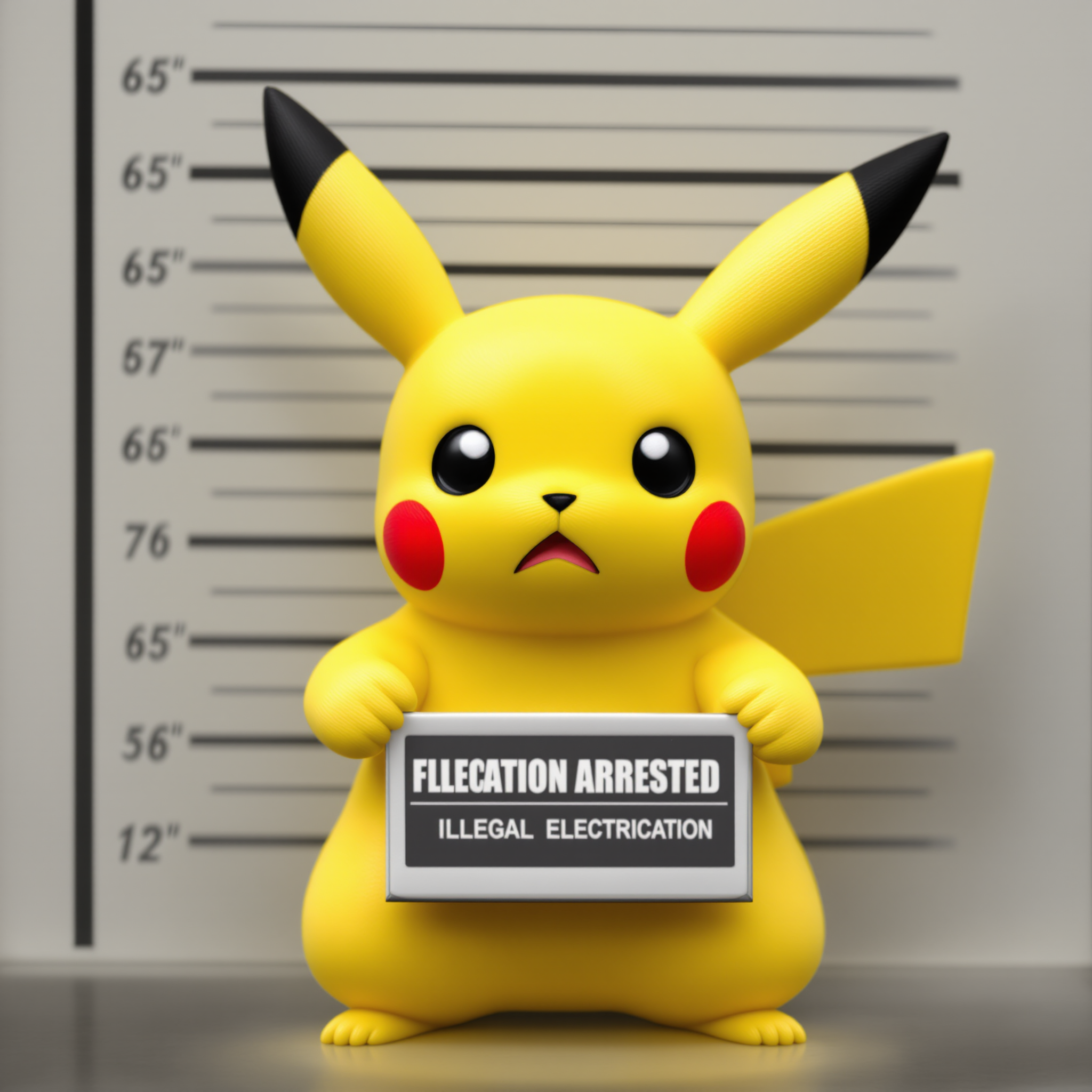 FLUX prompt: A mugshot of a cute and realistic 3D Pikachu...