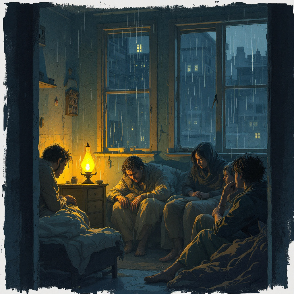 FLUX prompt: 16. "View from inside an overcrowded tenemen...