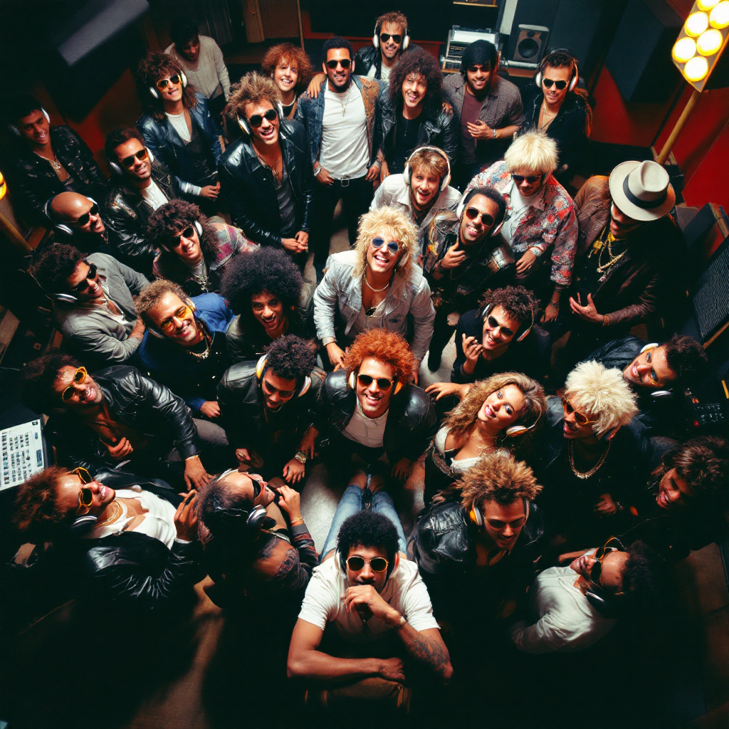 FLUX prompt: A lively 1980s recording studio scene from a...
