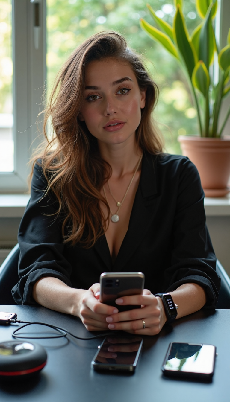 FLUX prompt: Indoor portrait of a woman with wavy brown h...