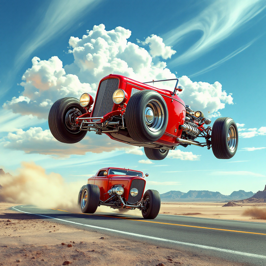 FLUX prompt: a red retro-style car flying mid-air, anothe...
