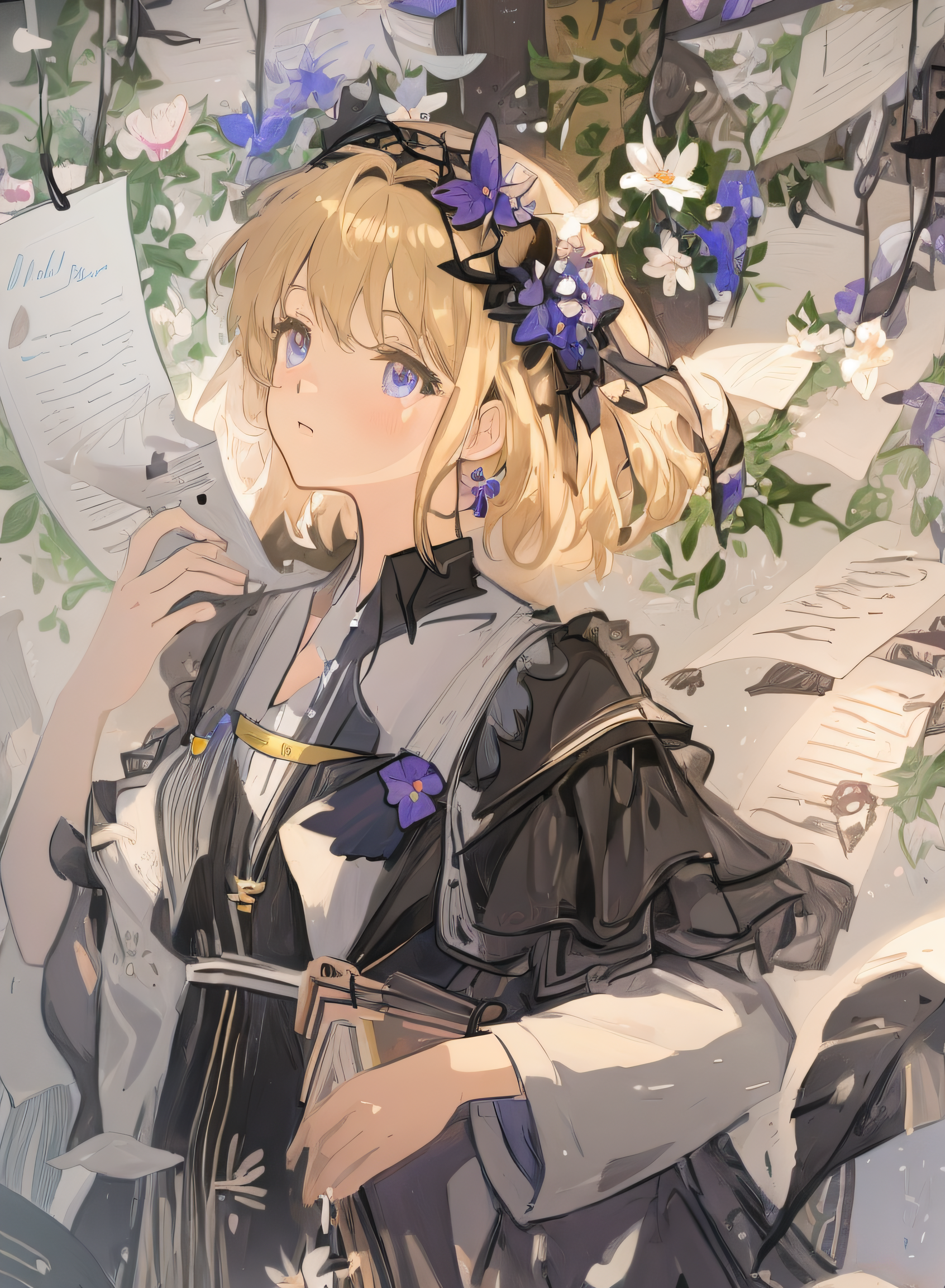 DreamShaper prompt: anime girl with a book and flowers in...