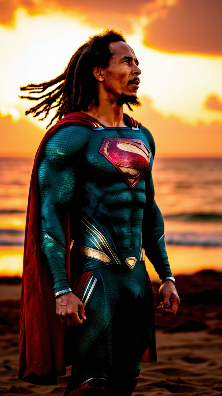 Stable Diffusion prompt: Bob Marley as Superman. It is su...
