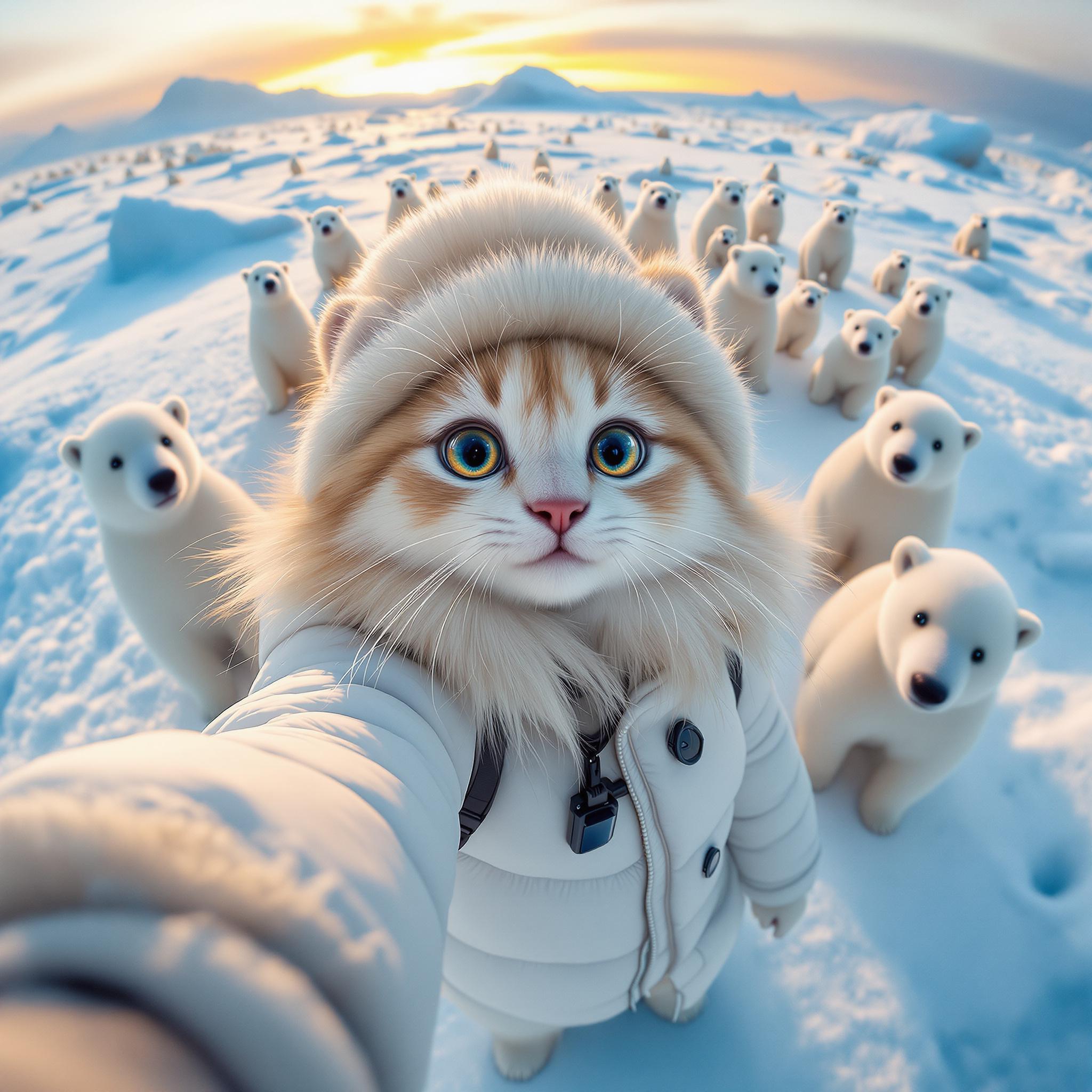 FLUX prompt: anthropomorphic, a cat named In the snow, t...